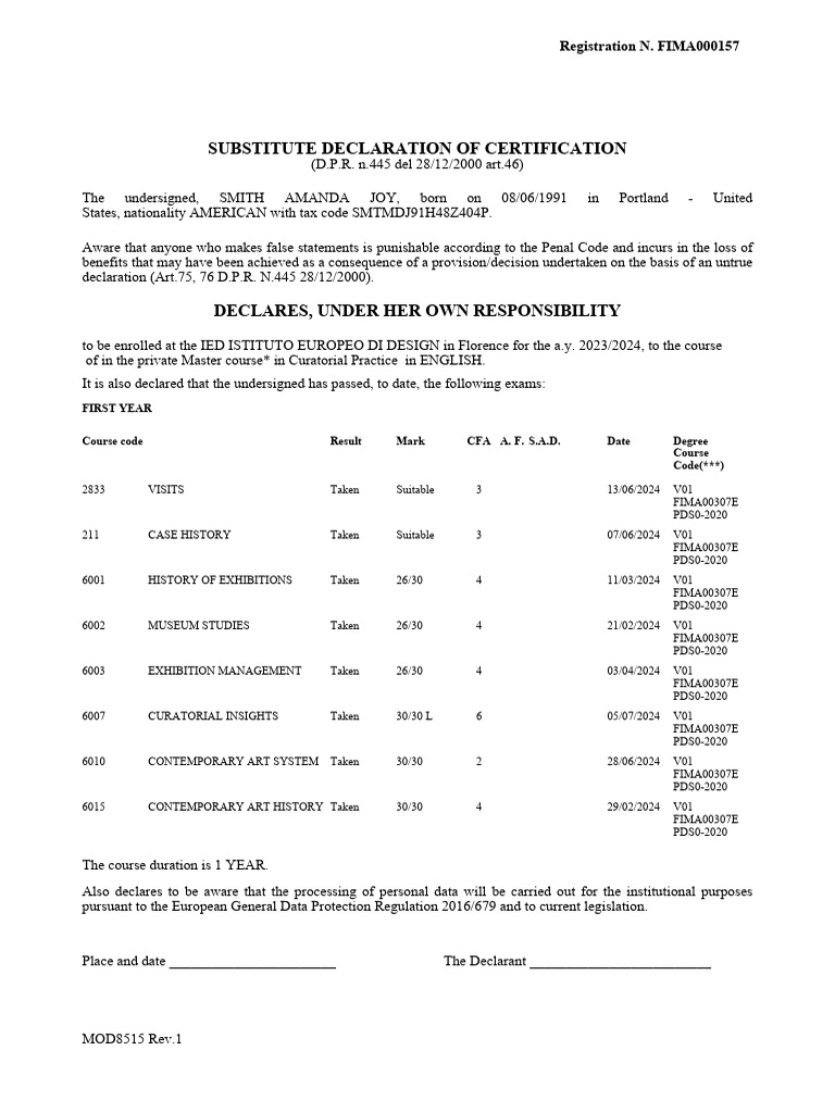 English IED Transcript AutocertificazioneIscrizione | PDF