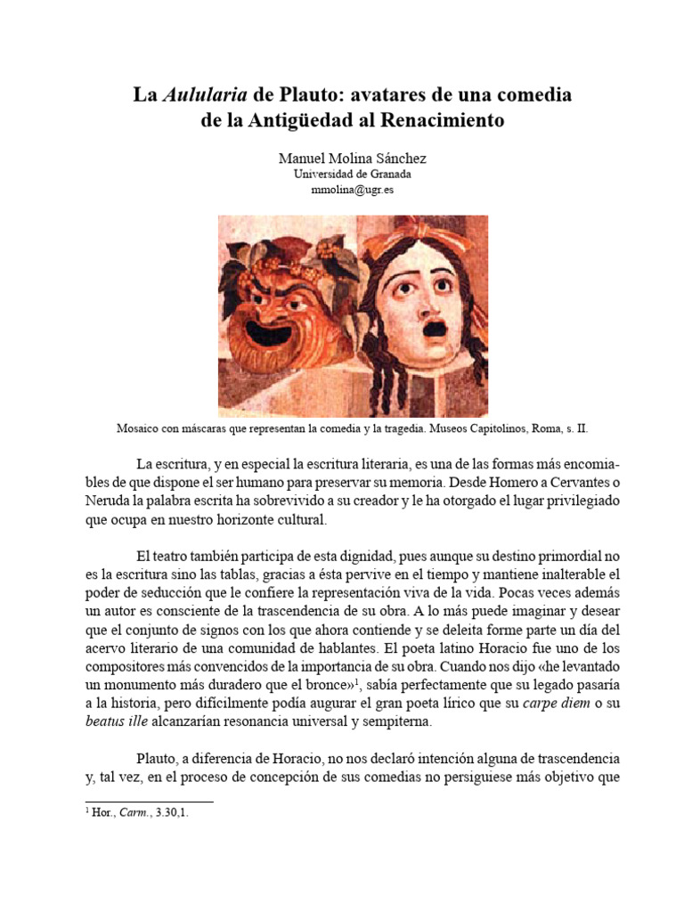 Aulularia de Plauto: Evolución y Trascendencia | PDF | Comedia