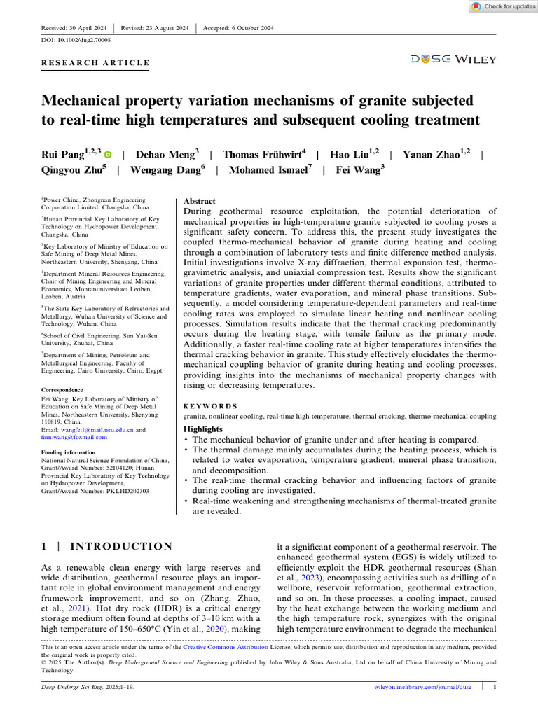 Deep Underground Science and Engineering - 2025 - Pang - Mechanical Property Variation ...