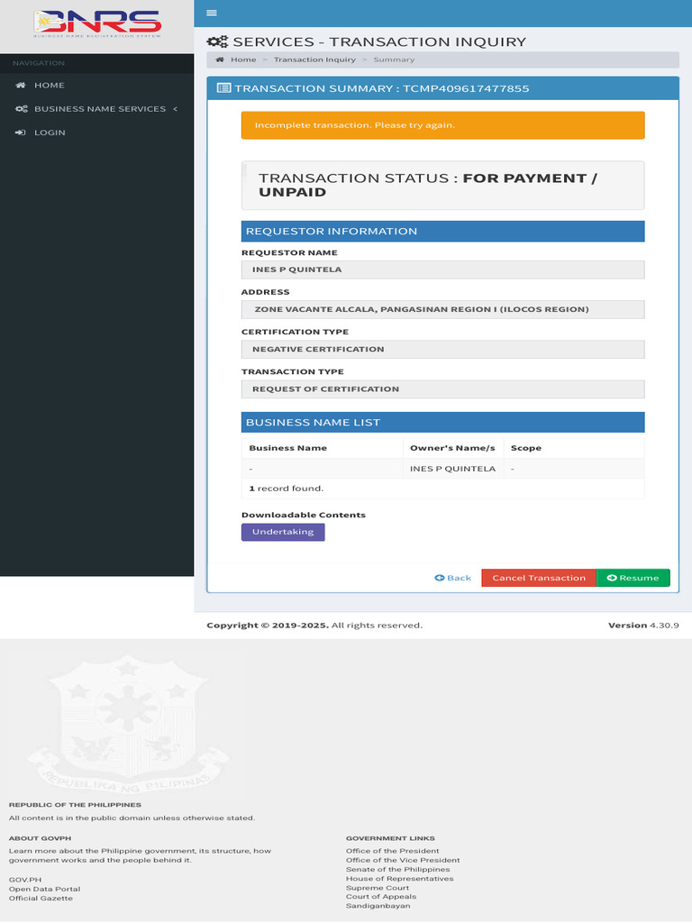 Transaction Inquiry - BNRS Portal | PDF