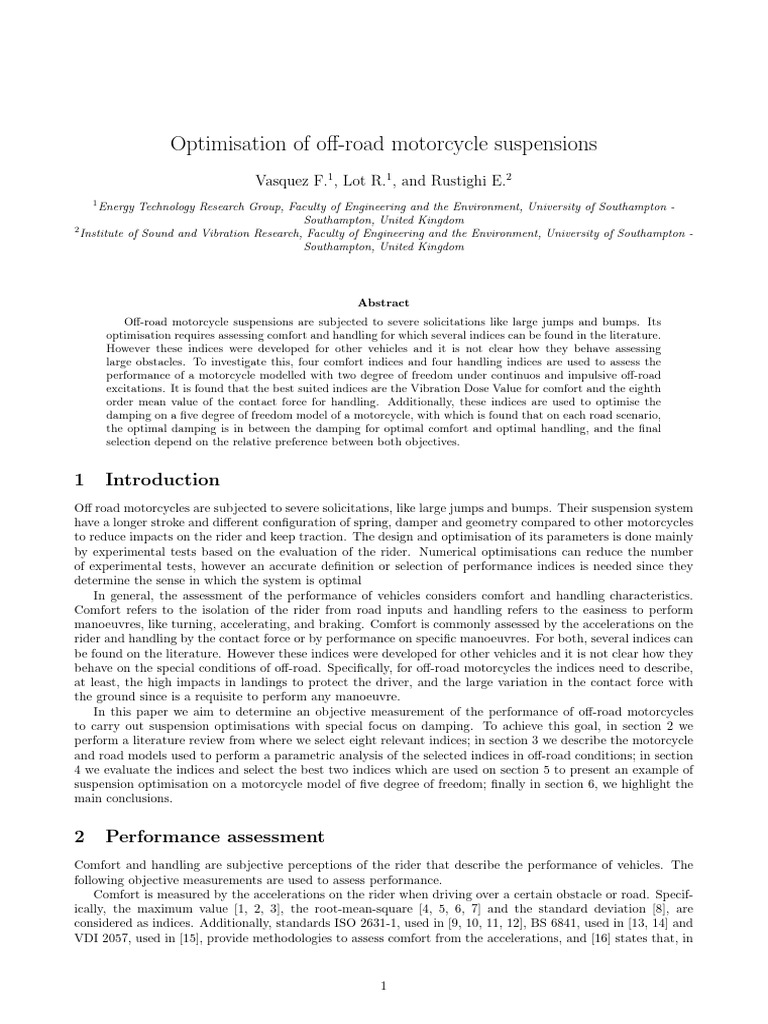 Vasquez Lot Rustighi Optimisation of Off Road Motorcycle Suspensions | PDF | Spectral Density ...