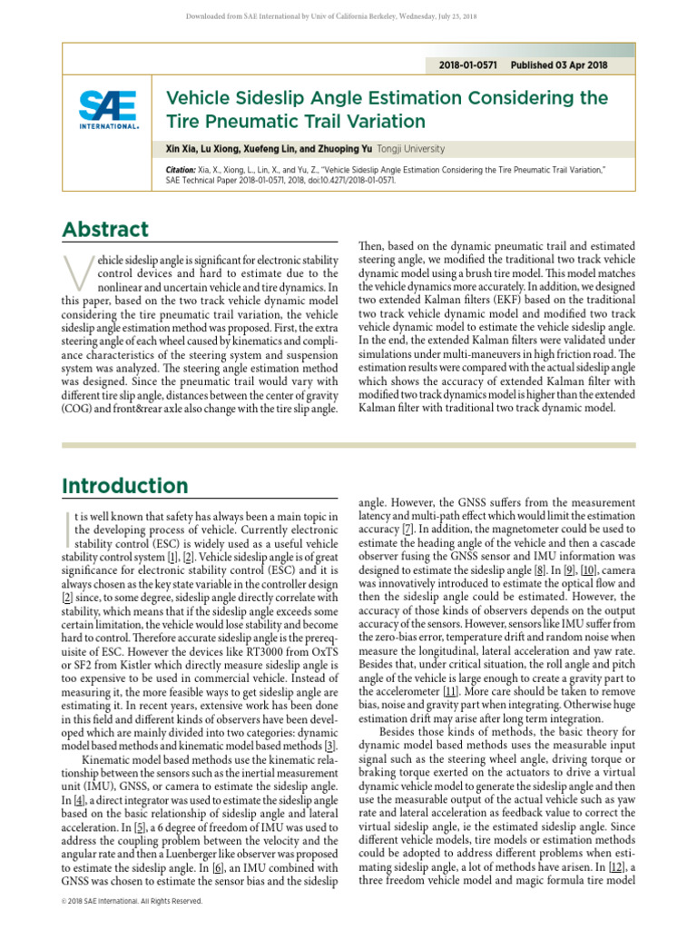 Vehicle Sideslip Angle Estimation Considering The Tire Pneumatic 2018 ...