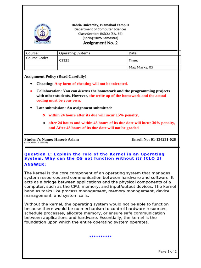 Assignment 2 Os 26042025 103327am | PDF | Operating System | Kernel (Operating System)