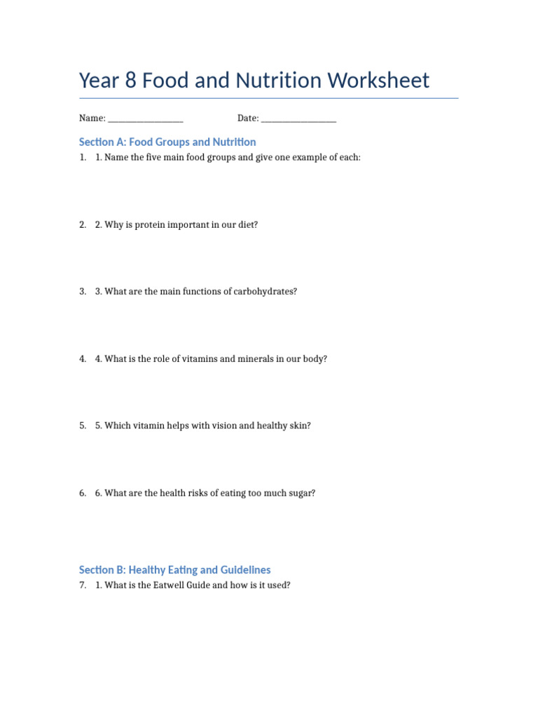 Year 8 Food and Nutrition Worksheet | PDF