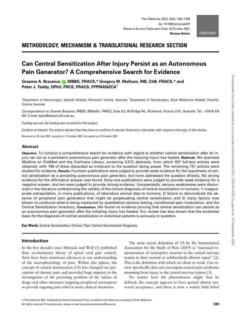 Central Sensitization as Pain Generator? | PDF | Pain | Anxiety