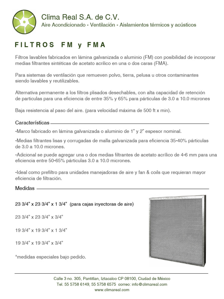 Ficha Tecnica Filtros Lavables | PDF