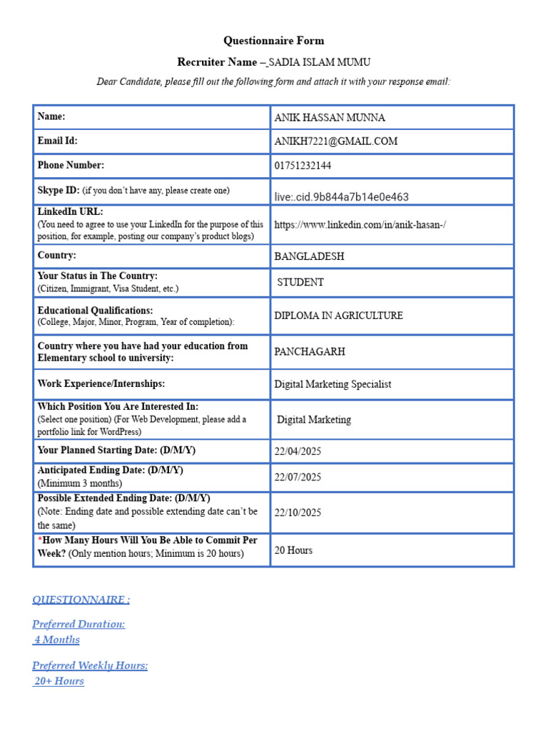 Questionnaire Form for Recruitment.docx | PDF