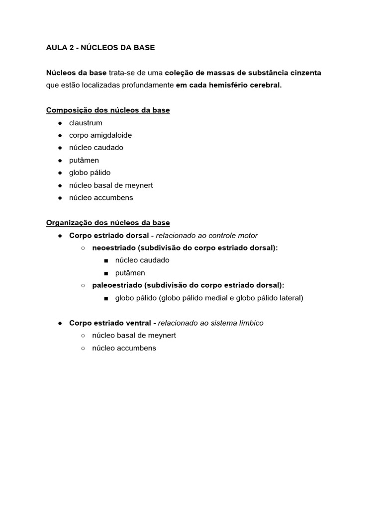 Núcleos da Base: Estrutura e Funções | PDF | Gânglios basais | Córtex ...