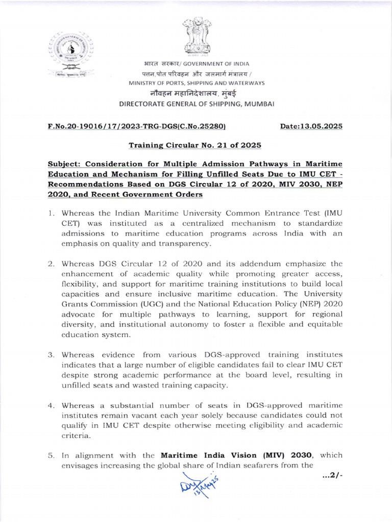 DGS Circular 31/2025 on Maritime Admissions | PDF