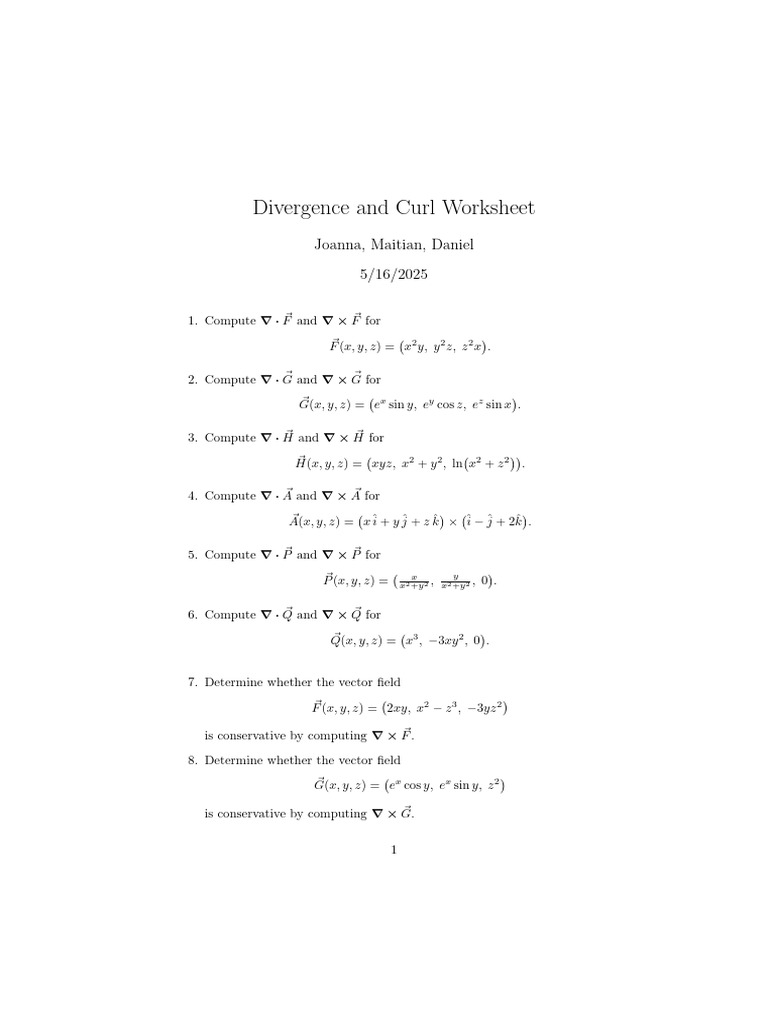 Divergence Curl Worksheet | PDF