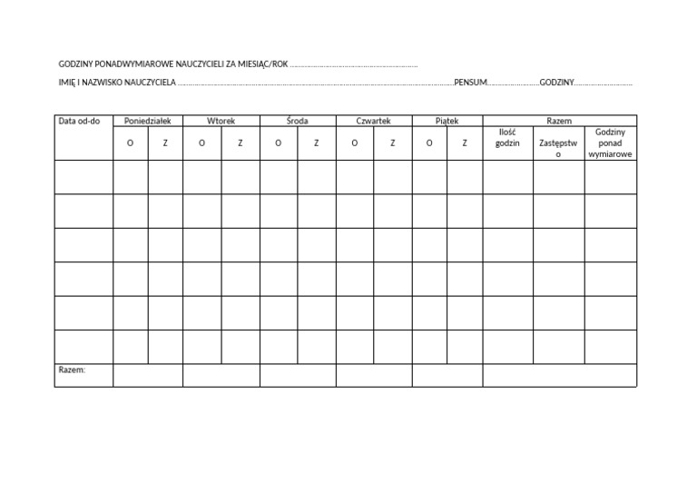 Godziny Ponadwymiarowe - Pusty Arkusz | PDF