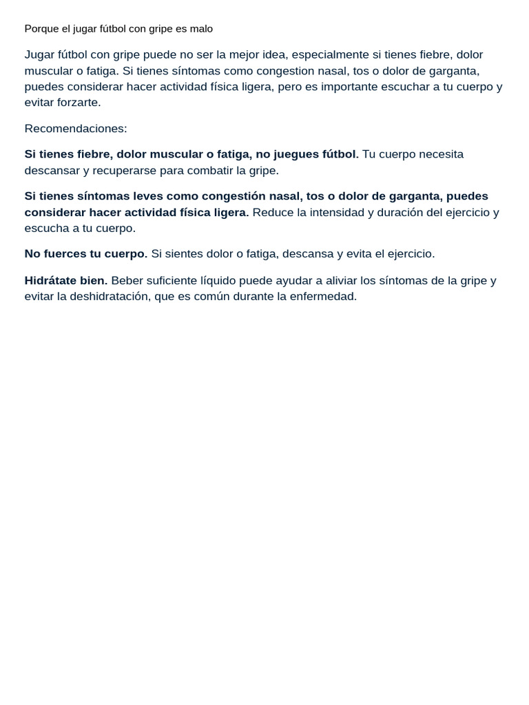 Porque El Jugar Fútbol Con Gripe Es Malo | PDF