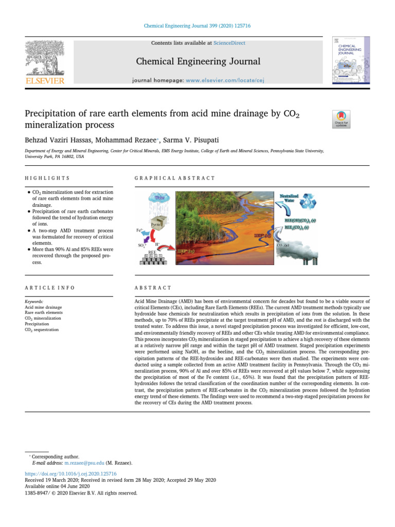 Precipitation of Rare Earth Elements From Acid Mine Drainage by CO2 ...