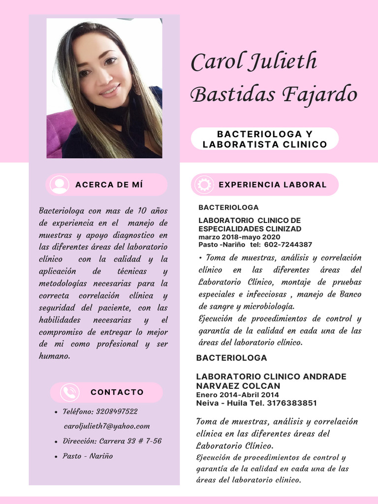 Currículum Vitae Carol Baastidas Bacteriologa | PDF | Laboratorios ...