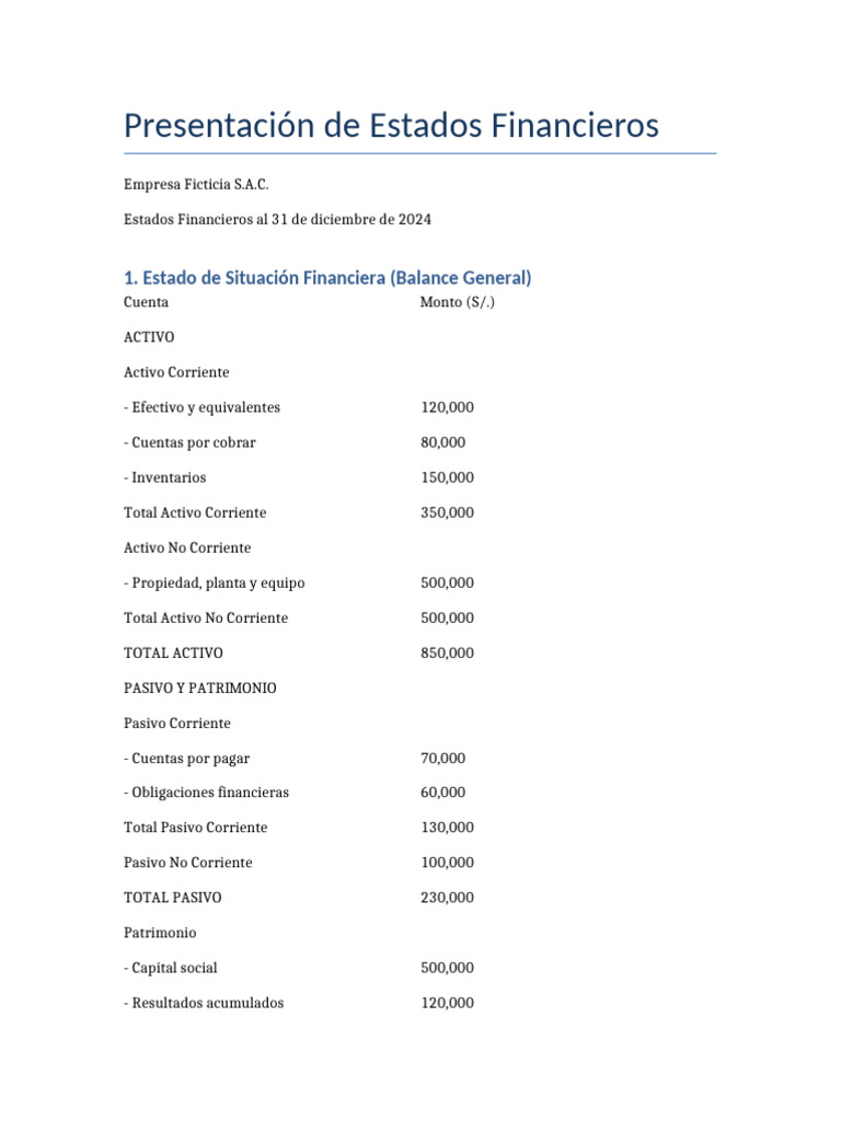 Presentación EEFF Empresa Ficticia | PDF | normas internacionales de INFORMACION FINANCIERA ...