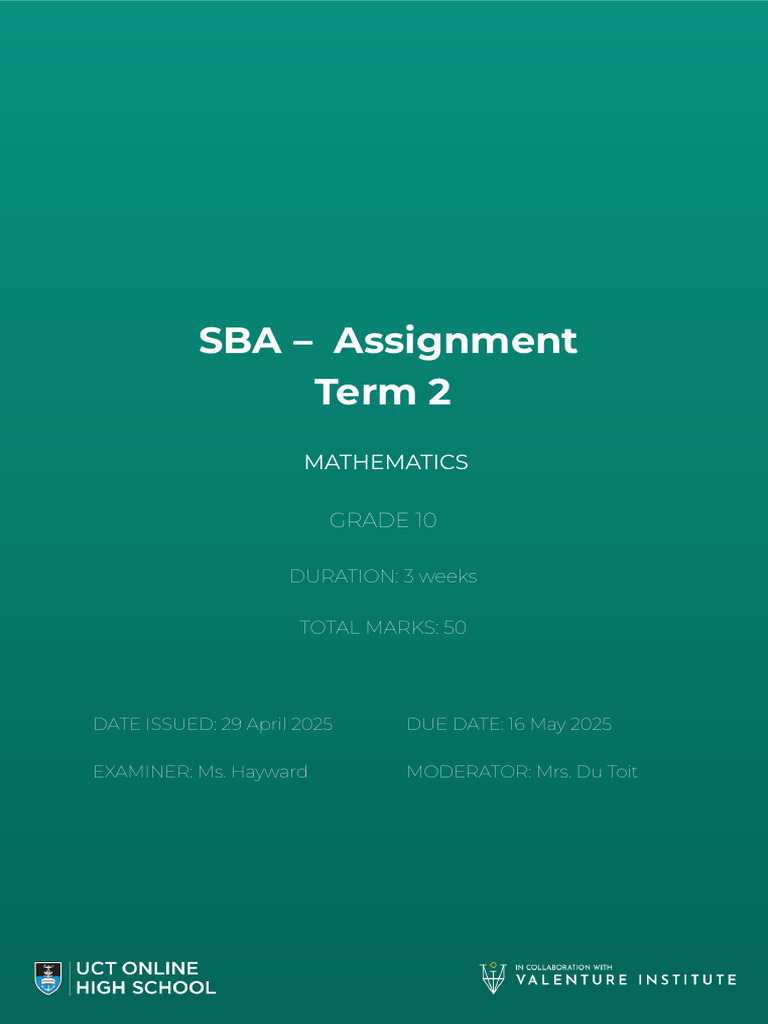 G10 Mathematics Term 2 SBA M14 Task3 Assignment Question Paper Paper 1 ...