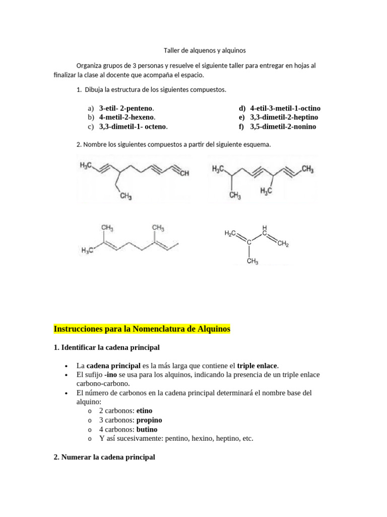 Taller de Nomenclatura de Alquenos y Alquinos | PDF | Alqueno | Química
