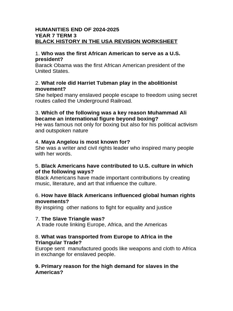 Year 7 Final Exam Black History in The USA Revision Worksheet | PDF ...