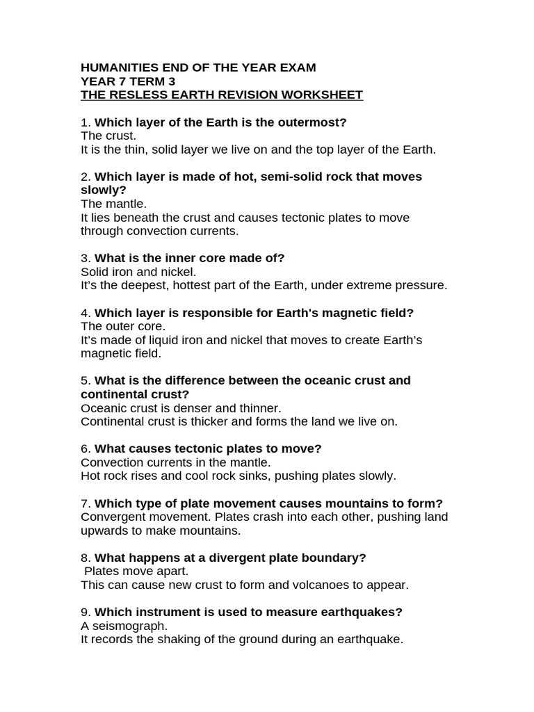 Year 7 Final Exam The Restless Earth Worksheet | PDF | Volcano | Types ...