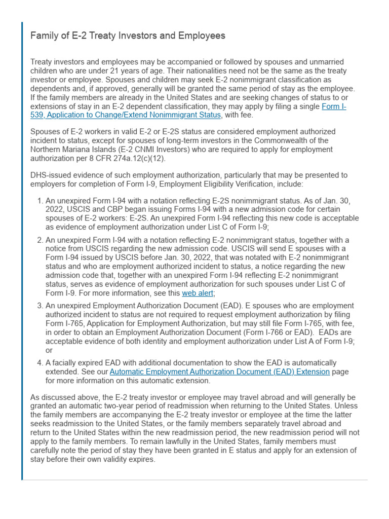 E-2 Treaty Investors - E2S Work Authorization | PDF | Government And ...