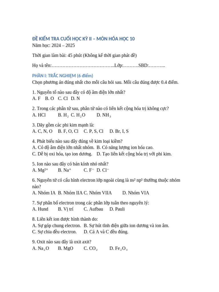 De Kiem Tra Hoa 10 Cuoi HK2 2025 | PDF