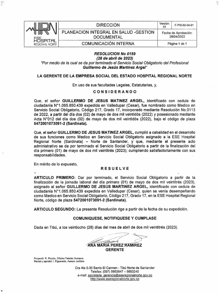 11.res. 0159 - Terminacion Sso - Guillermo de Jesus Martinez Argel | PDF