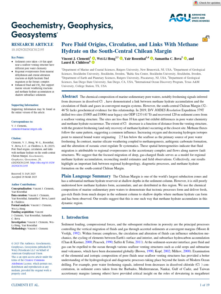 Geochem Geophys Geosyst - 2025 - Clementi - Pore Fluid Origins ...