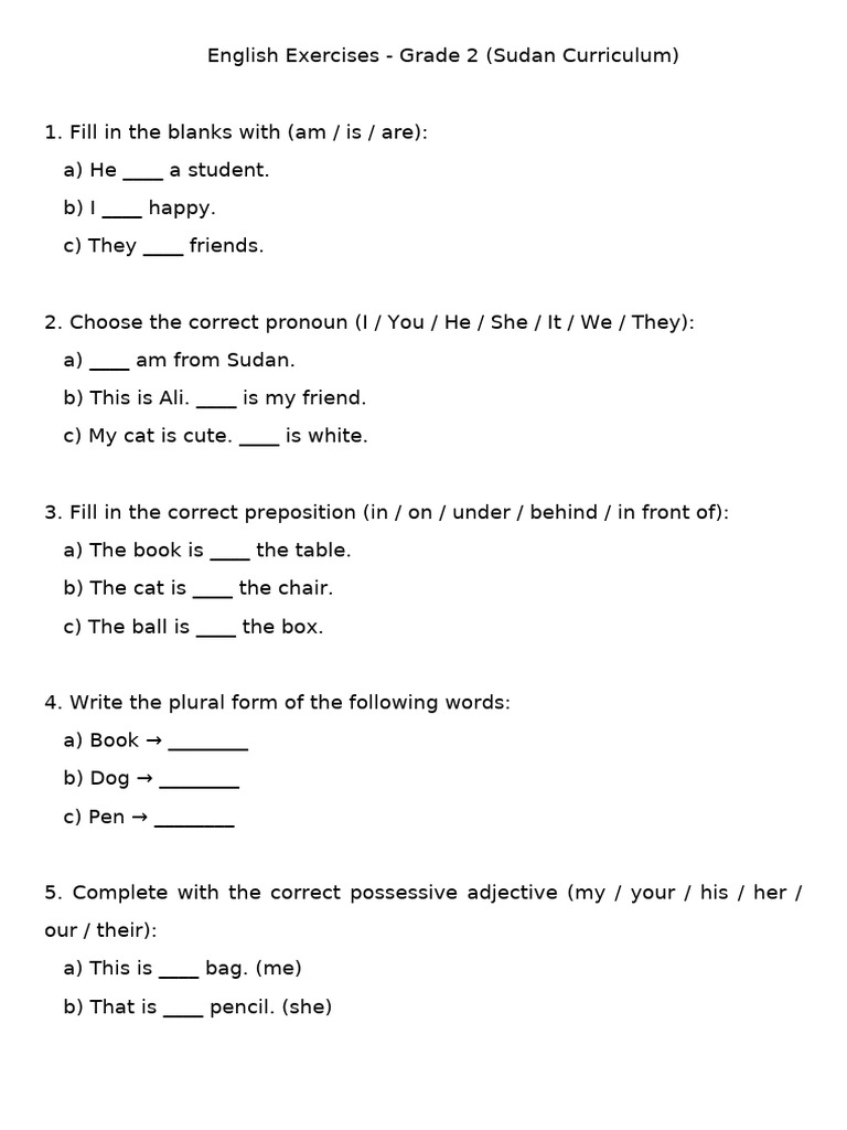 Grade 2 English Exercises - Sudan Curriculum | PDF