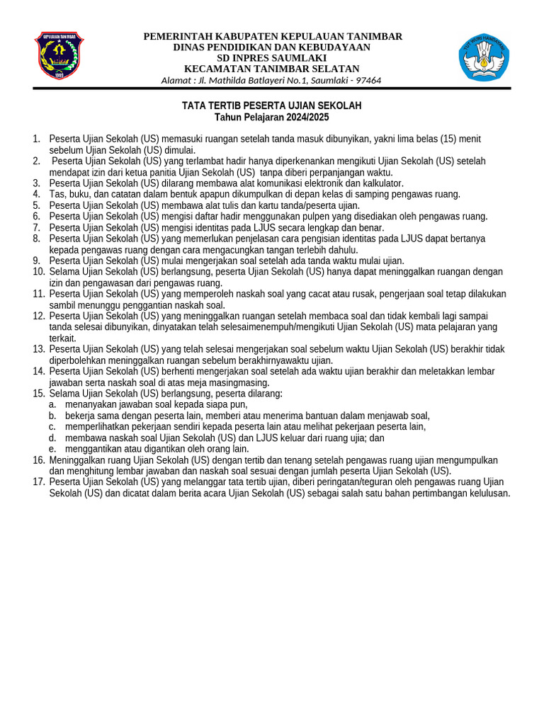 Tata Tertib Peserta Ujian Sekolah (US) 24-25 | PDF