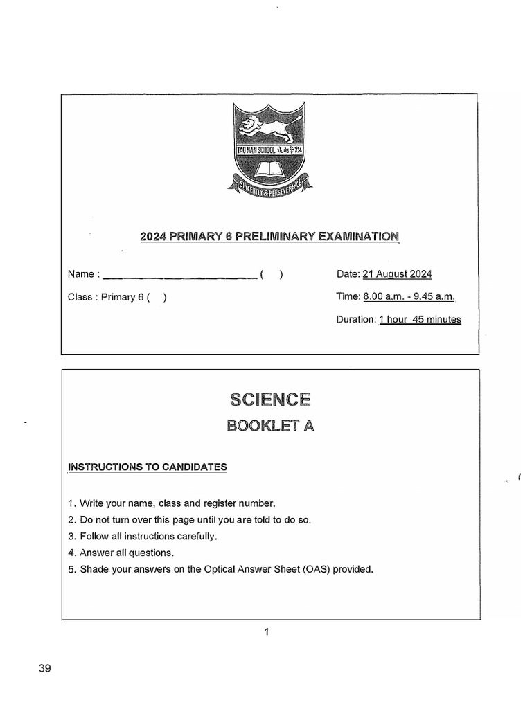 P6 Science 2024 SA2 Taonan | PDF