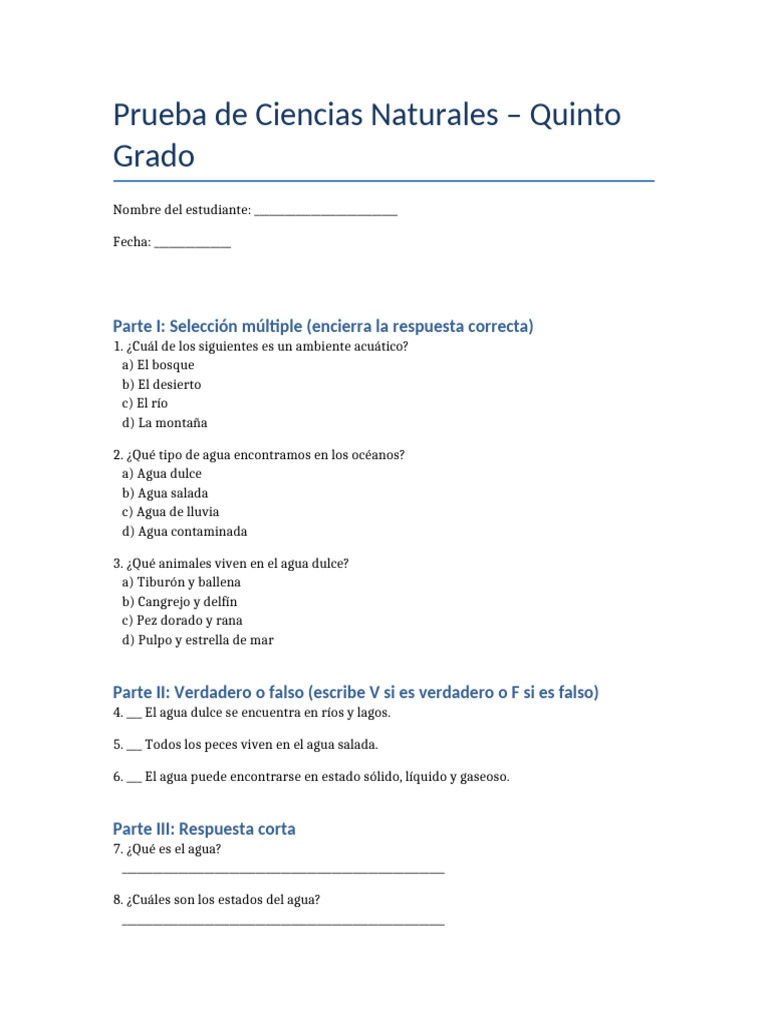 Prueba de Ciencias Naturales Quinto Grado | PDF