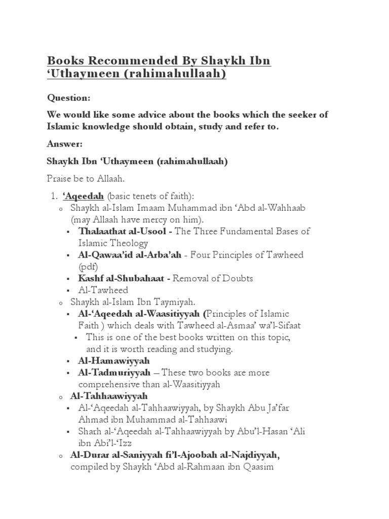 Books Recommended by Shaykh Muhammad Bin Saleh Al-'Uthaymeen | Download ...