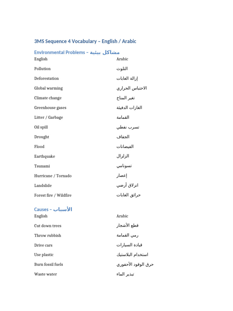 3MS Sequence4 Vocabulary English Arabic | PDF