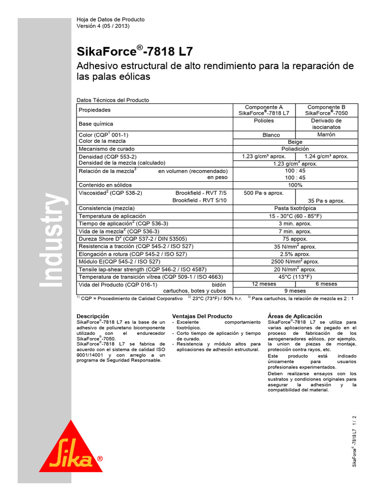 Adhesivo SikaForce®-7818 L7 para Eólicas | PDF | Agua
