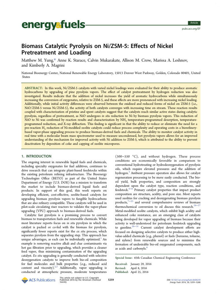 Biomass Catalytic Pyrolysis On NiZSM-5 Effects of Nickel | PDF | Pyrolysis | Catalysis