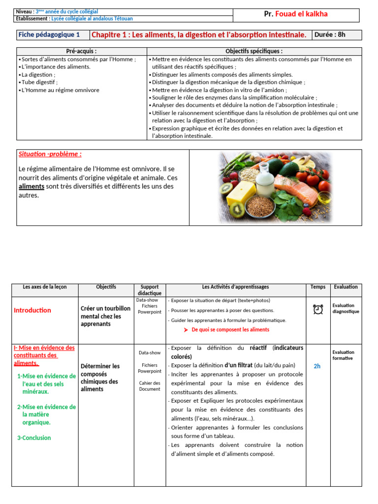 Fiche Pédagogique 1-La Digestion Des Aliments | PDF | Tractus gastro ...