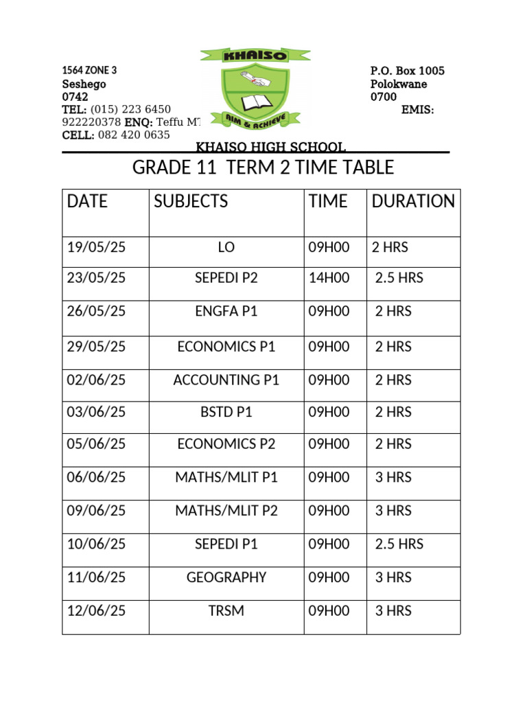Grade 11 Term 2 Timetable 2025 | PDF
