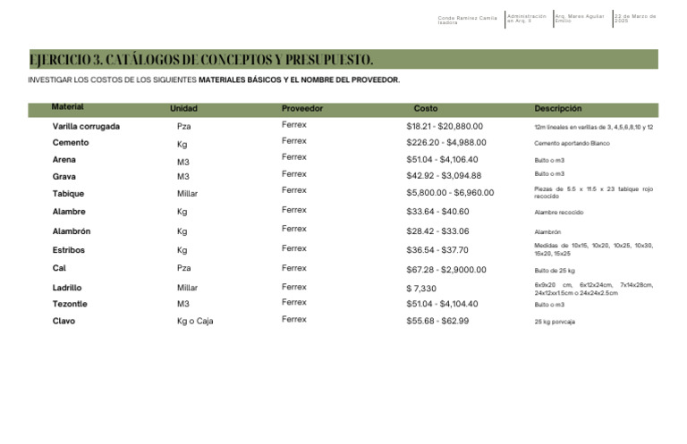 Catálogo de Conceptos y Presupuestos - Conde Ramírez Camila Isadora ...