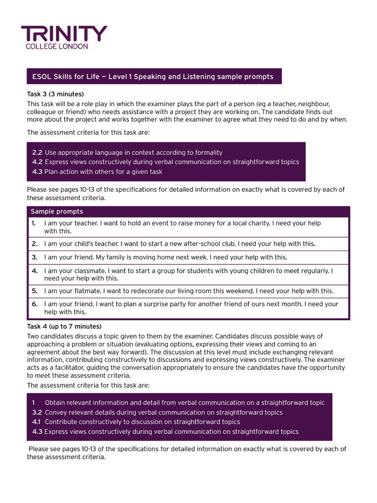 ESOL Level 1 Speaking & Listening Prompts | PDF | Communication ...