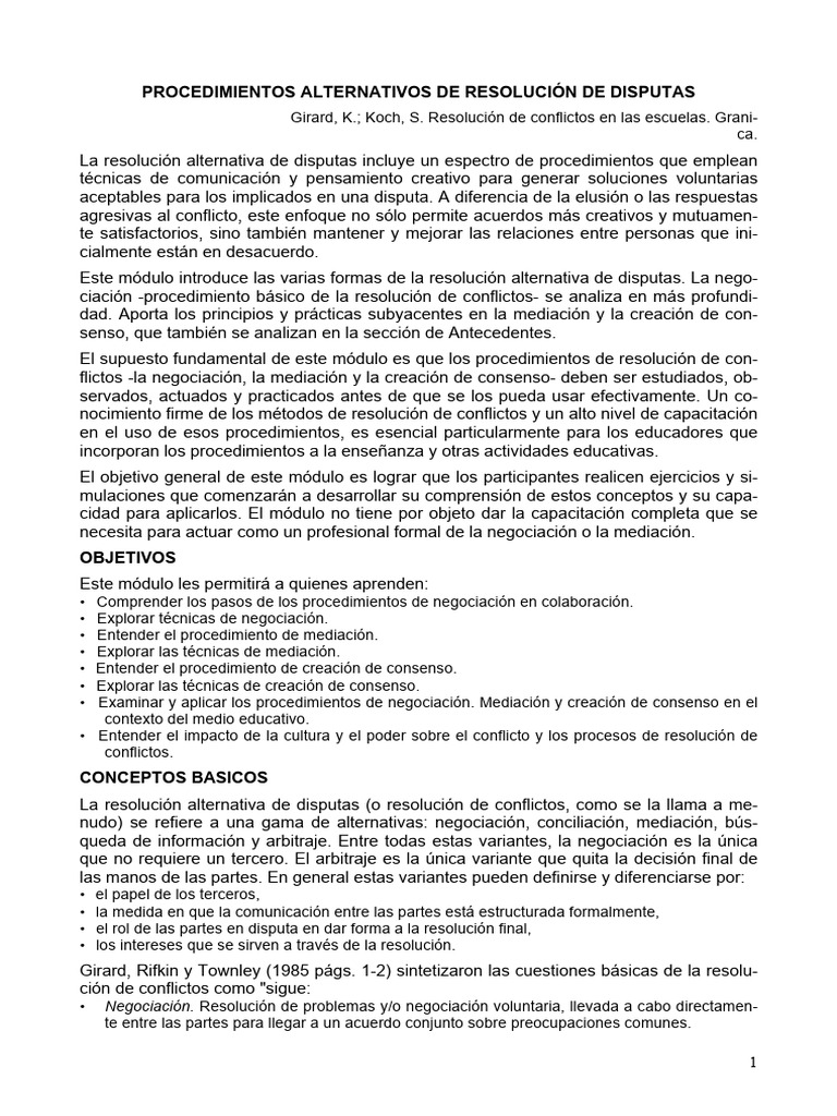 BIBLIOG Girard y Koch. Procedimientos Alternativos de Resolución de Disputas | PDF | Mediación ...