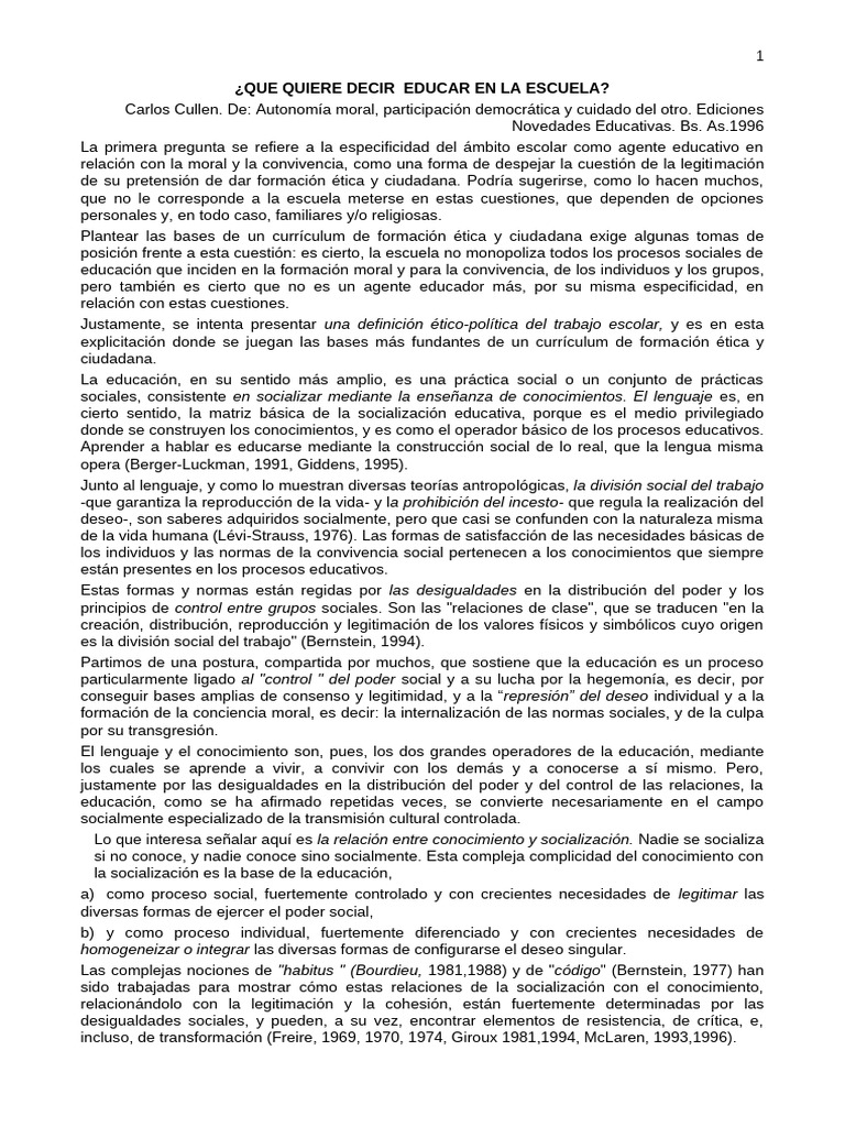 BIBLIOG Cullen. Qué Quiere Decir Educar en La Escuela | PDF | Plan de ...