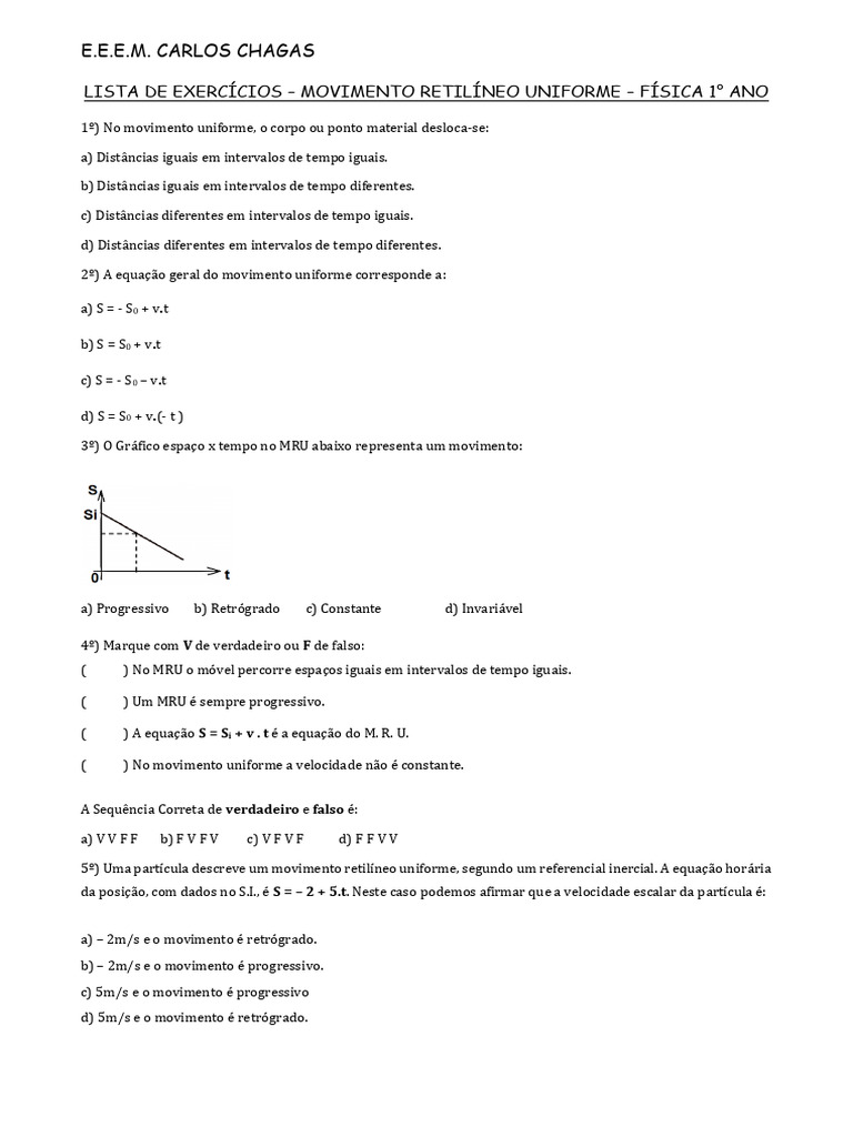 Lista de Exercícios Mru 2023 PDF | PDF | Engenharia Mecânica | Quantidades físicas