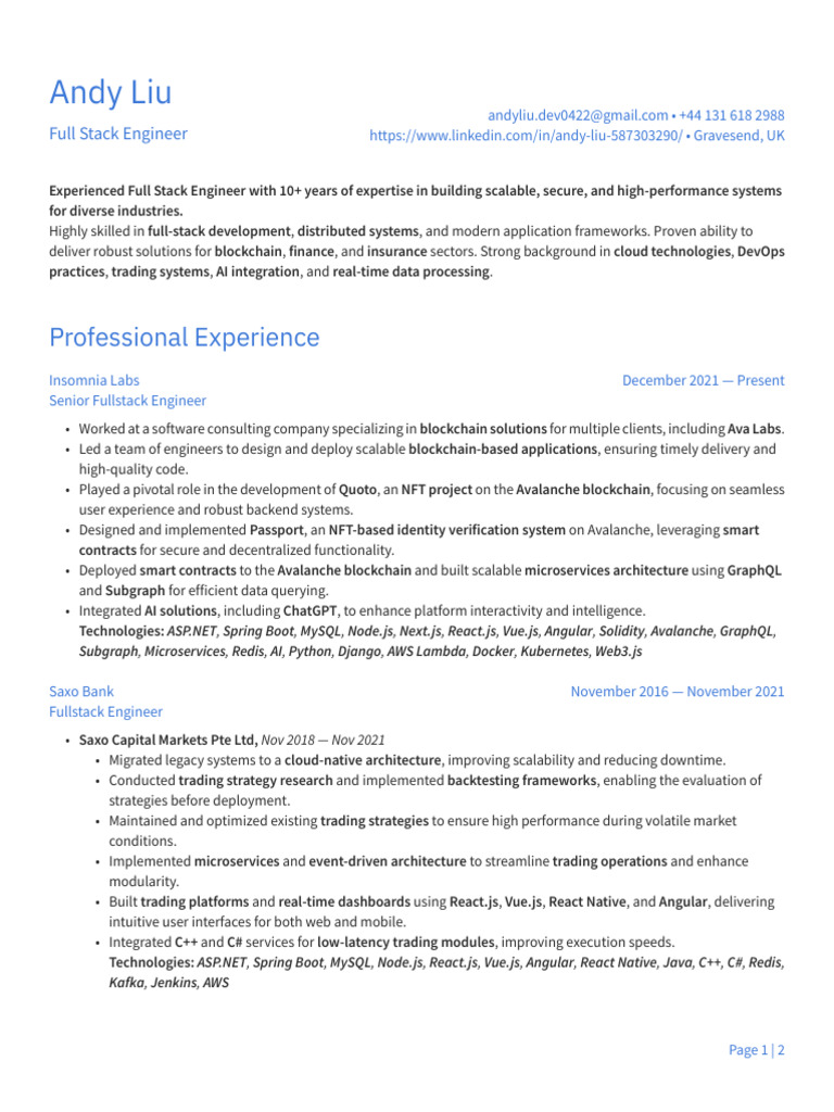 Andy Liu - Full Stack Engineer | PDF | My Sql | Cloud Computing