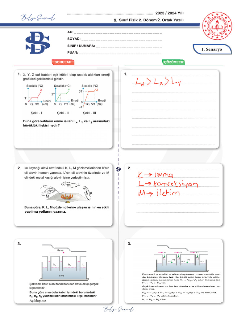 Sinif Fi̇zi̇k Cevaplar Ortak Sinav Provasi | PDF