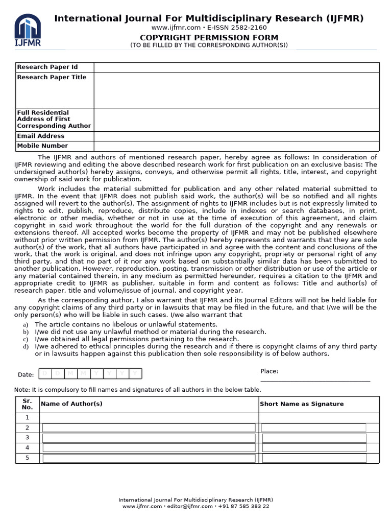 IJFMR Copyright Permission Form | PDF | Copyright | Academic Publishing
