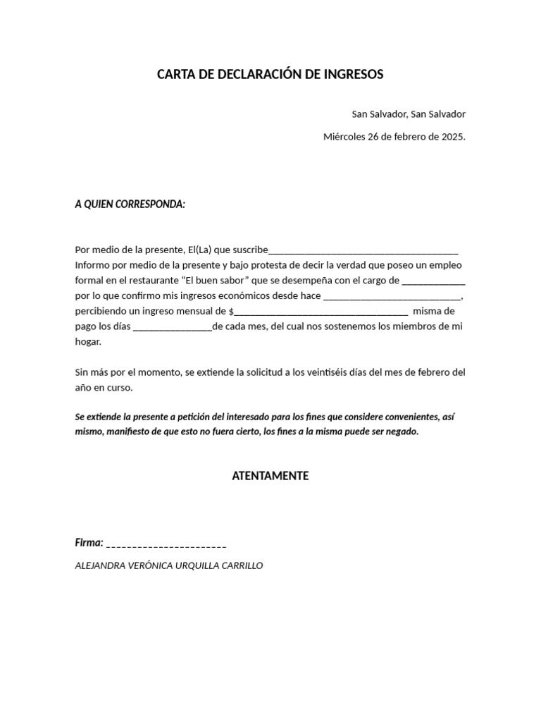 Carta De Declaración De Ingresos Pdf