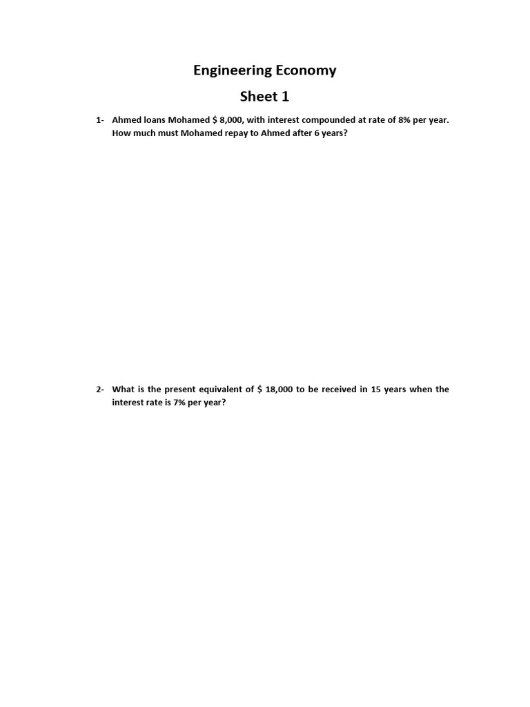 Engineering Economy Sheet 1 | PDF | Interest | Interest Rates