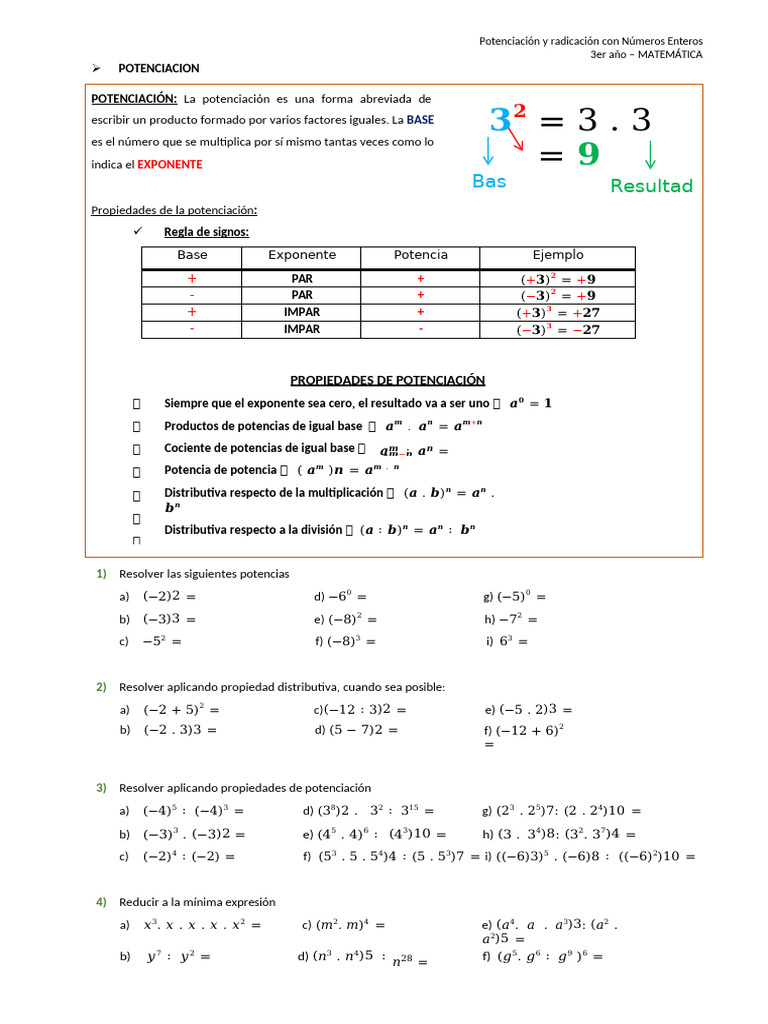 Potenciación y Radicación en Matemáticas | PDF | Exponenciación | Entero