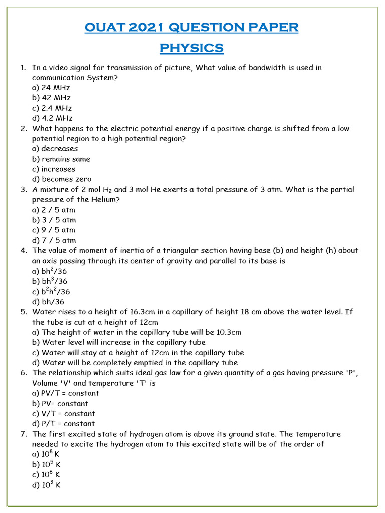 Ouat Physics 2021 | PDF | Waves | Volt