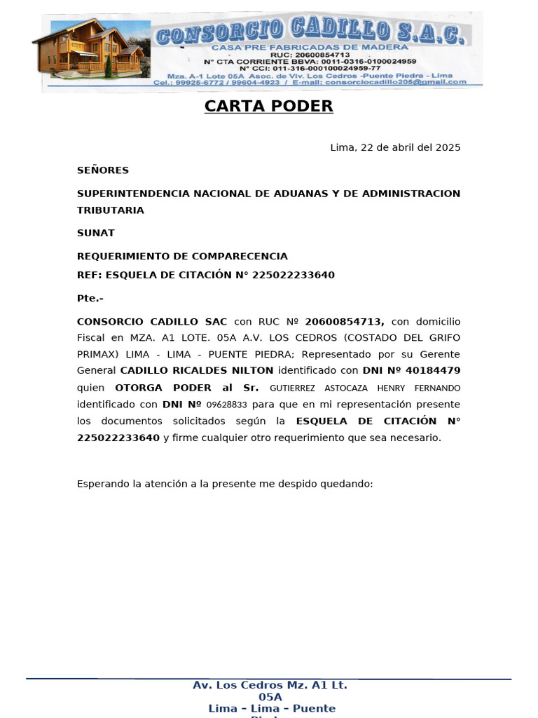 Carta Poder para SUNAT - Consorcio Cadillo SAC | PDF